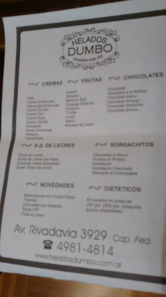 Carta de HELADOS "DUMBO", Buenos Aires