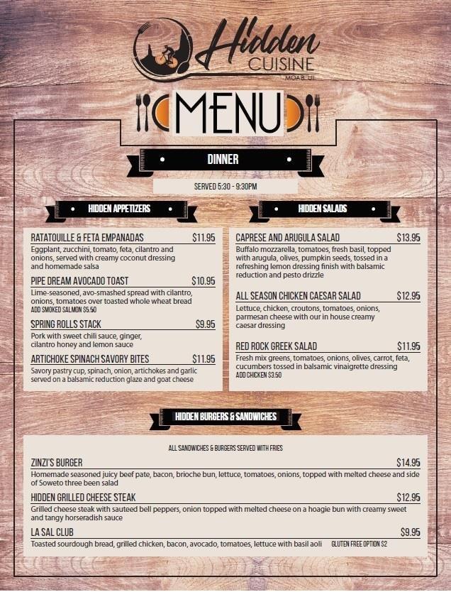 Menu at Hidden Cuisine restaurant, Moab, US-191