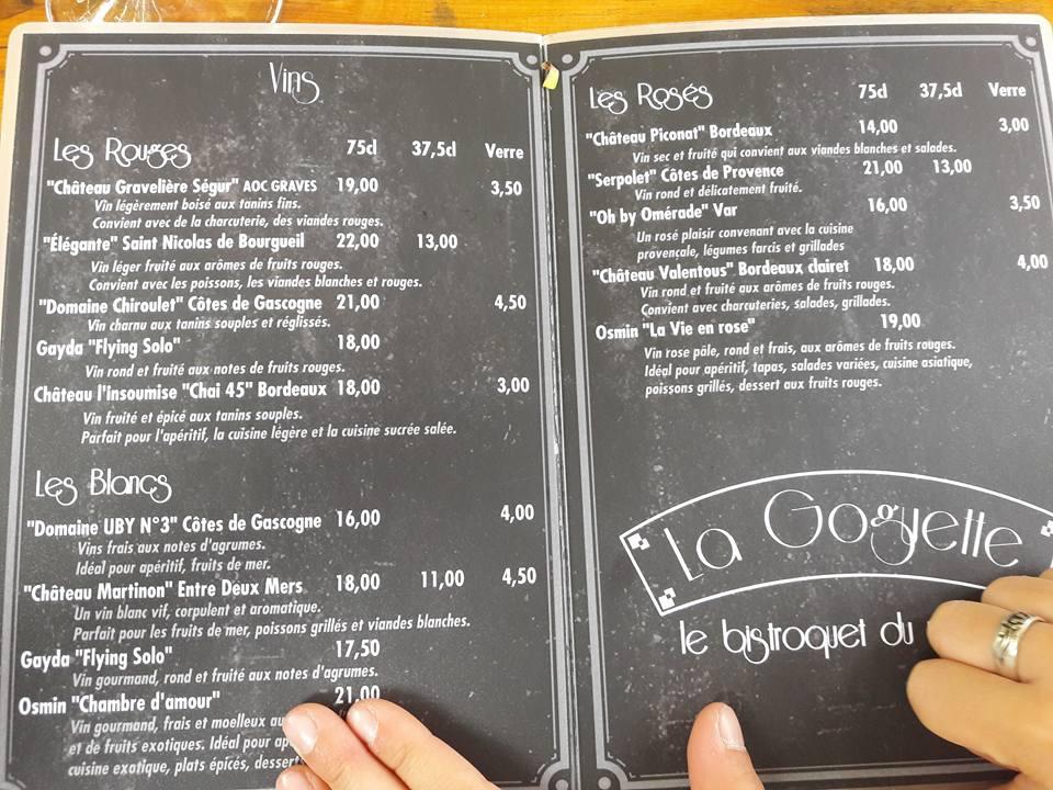 Menu at La Goguette restaurant, Biscarrosse
