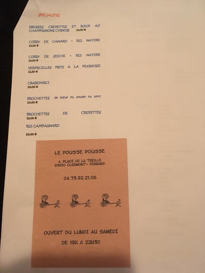 Menu at Le Pousse Pousse restaurant, Clermont-Ferrand