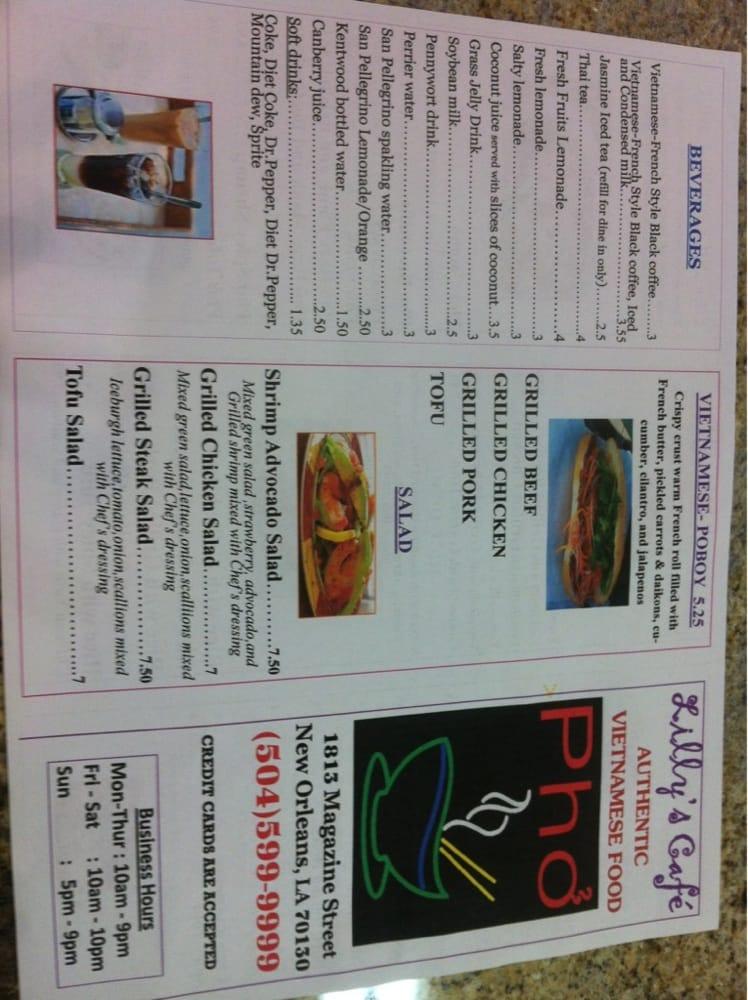 Menu at Lilly's Café restaurant, New Orleans