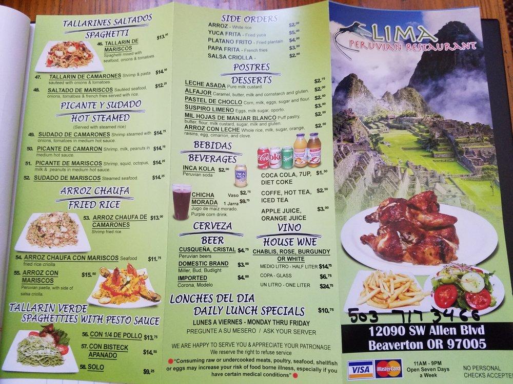 Menu at Lima Restaurant, Beaverton