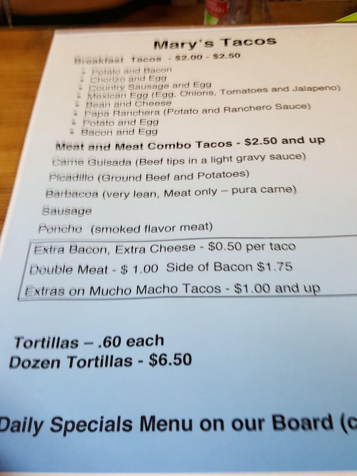 Menu at Mary's Tacos restaurant, Kerrville