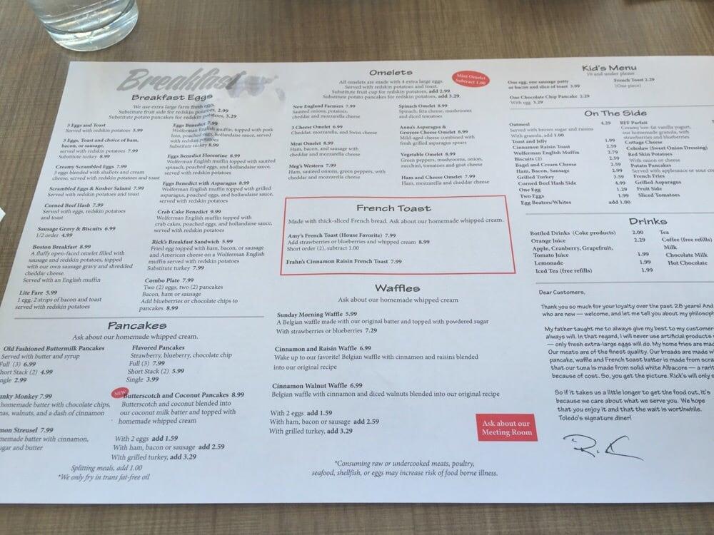 Menu at Rick's City Diner cafe, Toledo, Monroe St #40