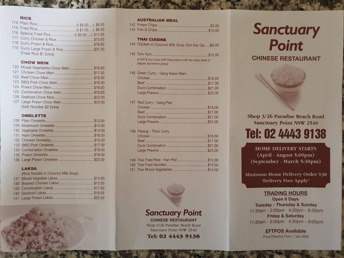 Menu at Sanctuary Point Chinese fast food, Sanctuary Point