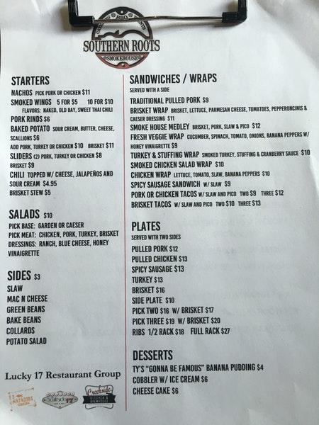 Menu at Southern Roots Smokehouse BBQ, Charleston, Savannah Hwy