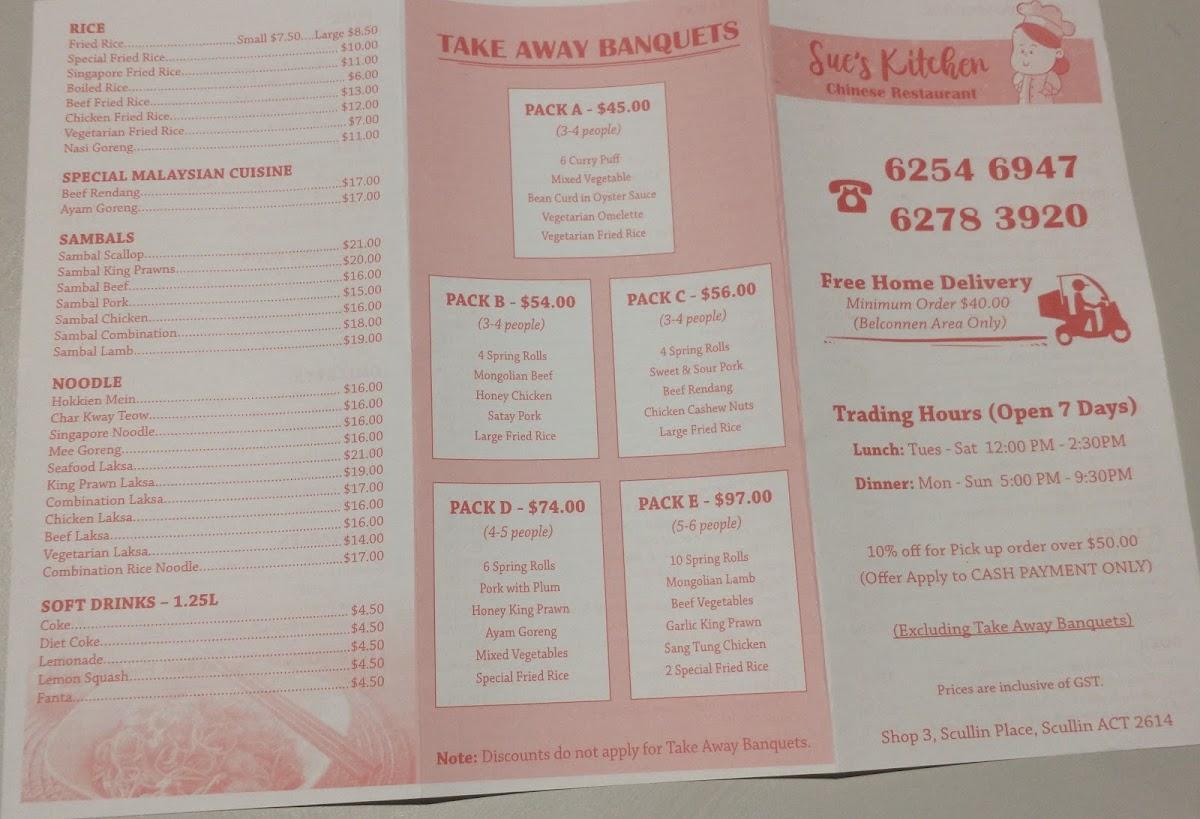 Menu at Sue's Kitchen restaurant, Scullin
