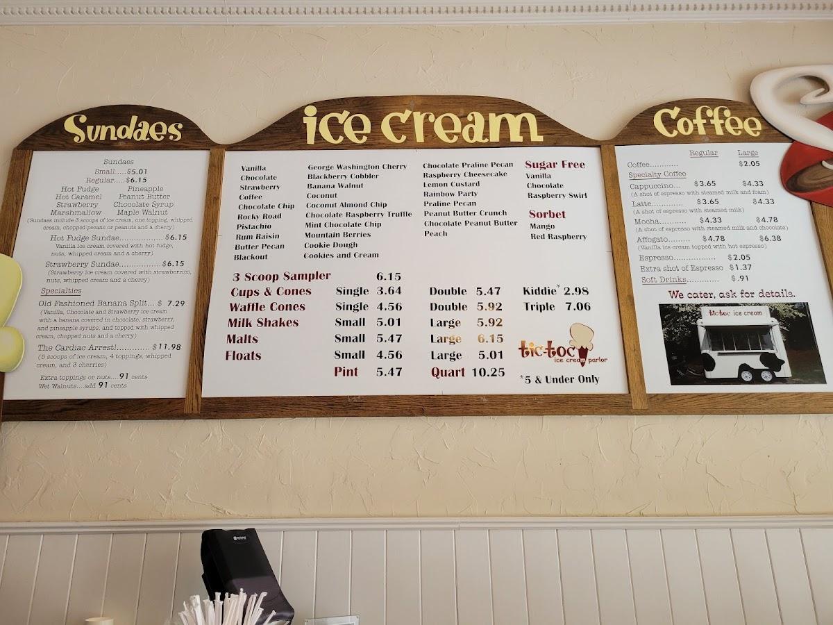 Menu at Tic Toc Ice Cream restaurant, Loudon
