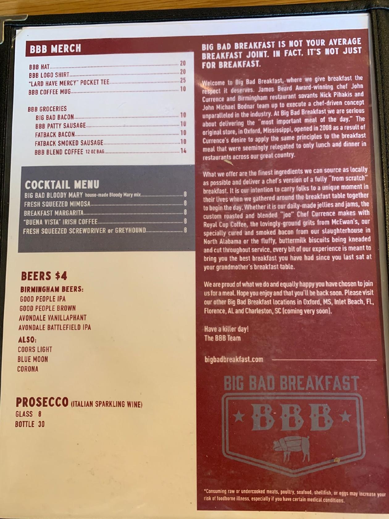 Menu at Big Bad Breakfast restaurant, Homewood