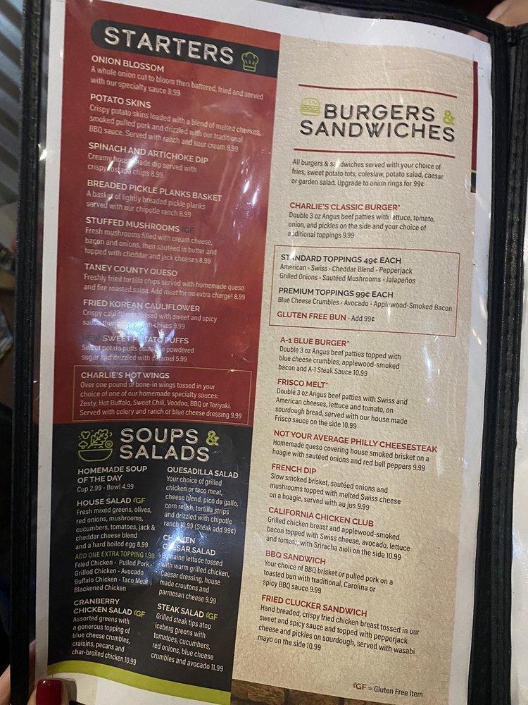 Menu at Charlie's Steak, Ribs & Ale steakhouse, Branson