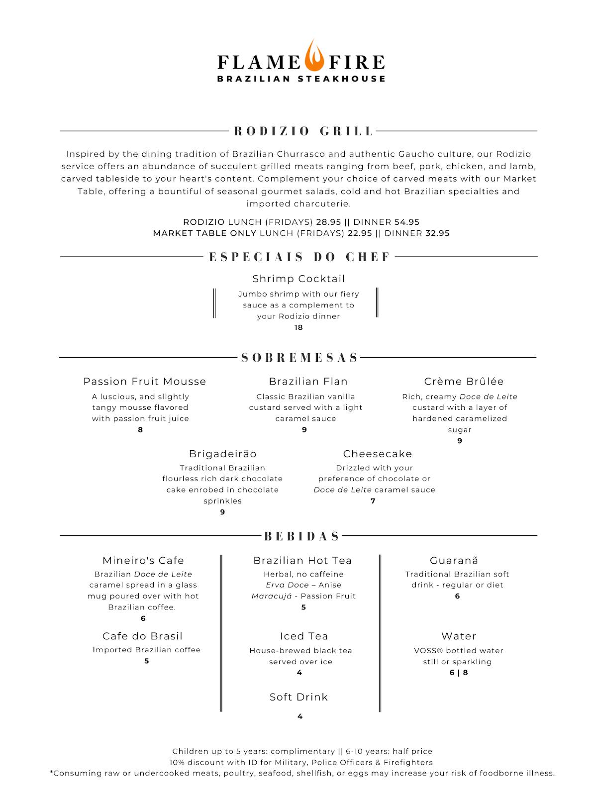 Carta de Flame & Fire Brazilian Steakhouse, Folsom