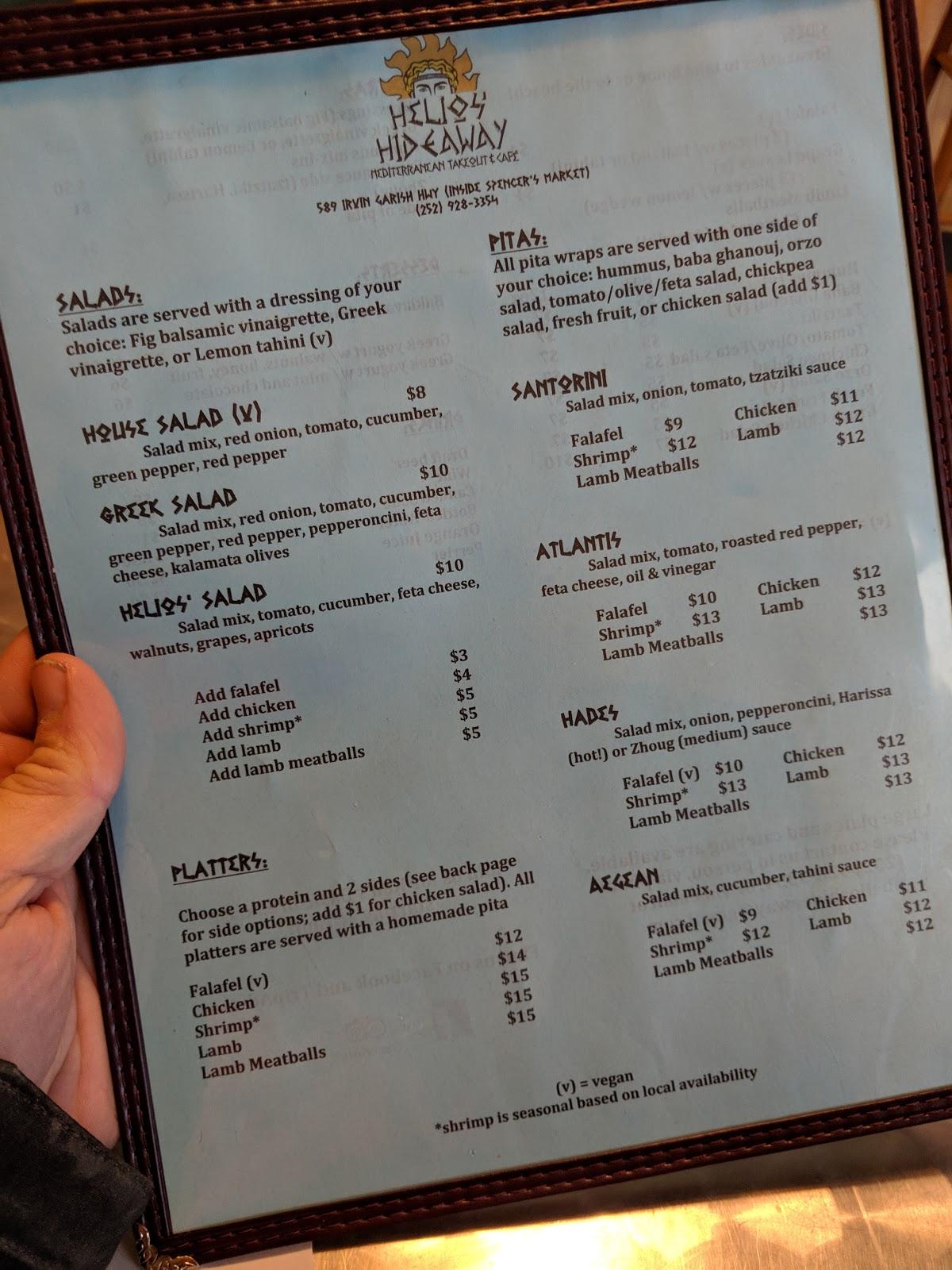 Menu at Helios' Hideaway restaurant, Ocracoke
