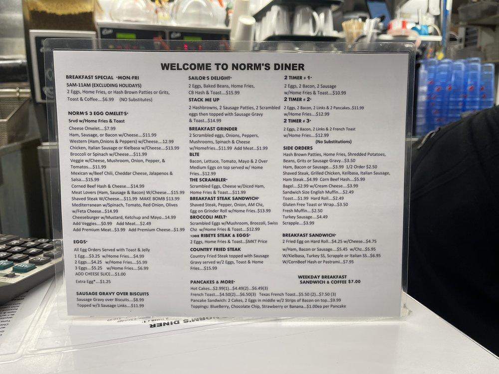 Menu at Norm's Diner restaurant, Groton