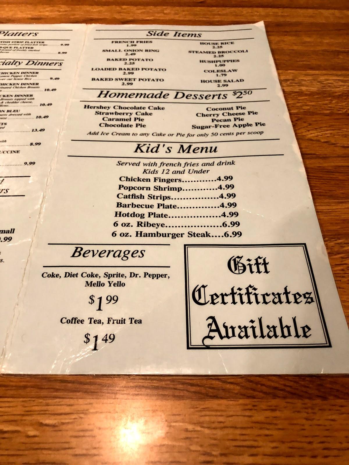 Menu at Preston's Restaurant, Lawrenceburg, Hwy 43 S
