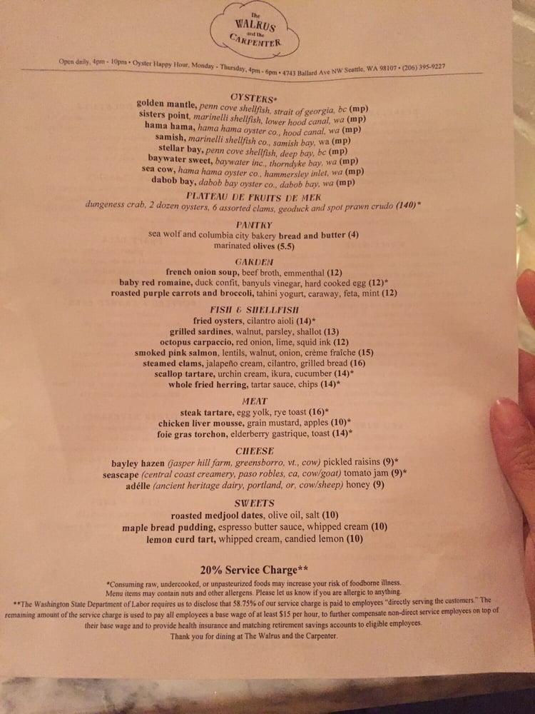 Menu at The Walrus and the Carpenter restaurant, Seattle