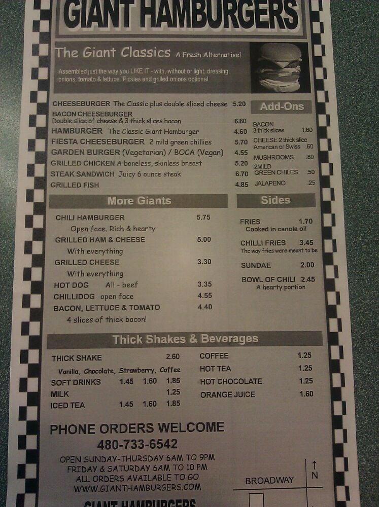 Menu at Giant Hamburgers restaurant, Mesa