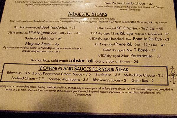 Menu at Majestic steakhouse, Kansas City