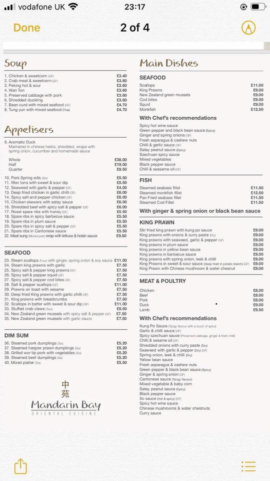 Menu at Mandarin Bay restaurant, Cramlington