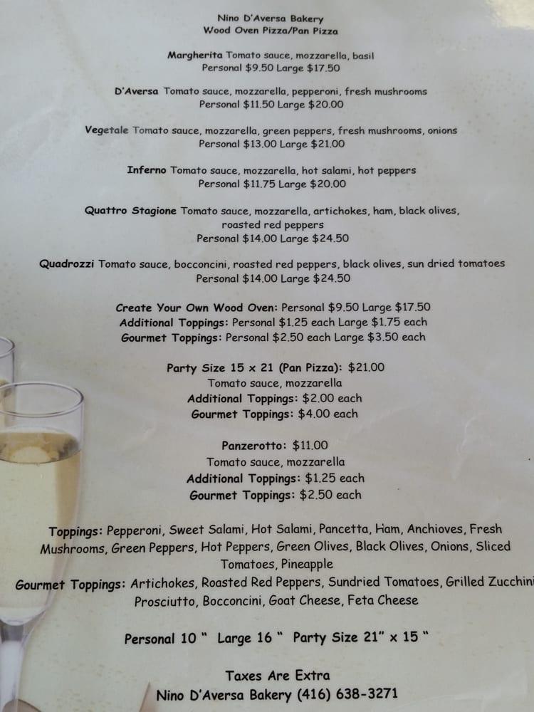 Menu at Nino D’Aversa Bakery, Toronto, 1 Toro Rd