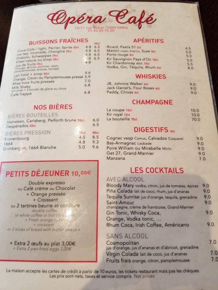 Menu at Opéra Café, Paris, 15 Rue Auber