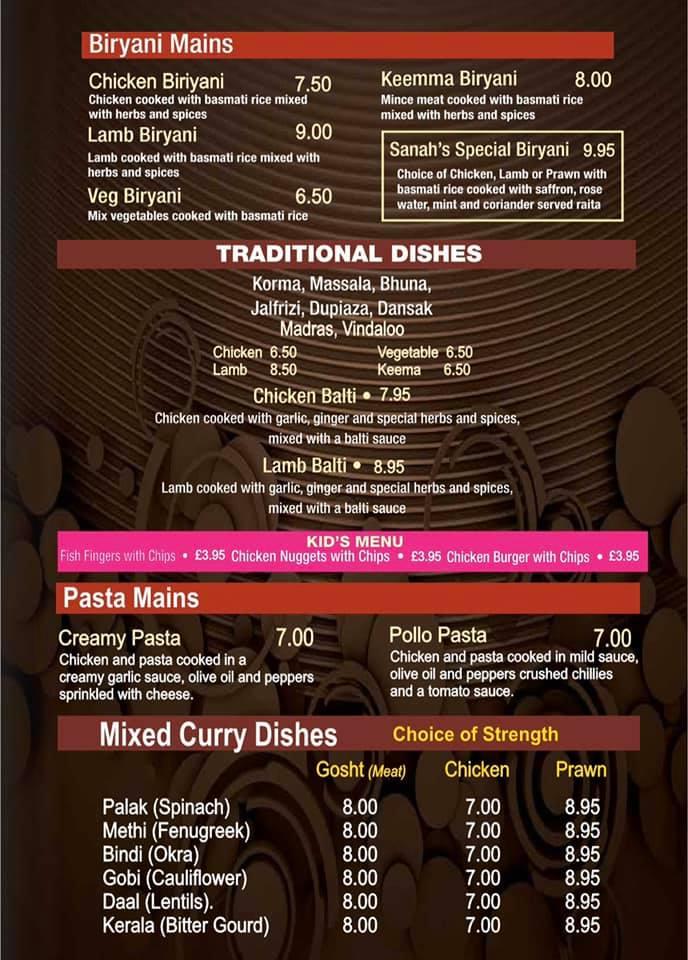 Menu at Sanah's Indian & Continental Cuisine restaurant, Oldham
