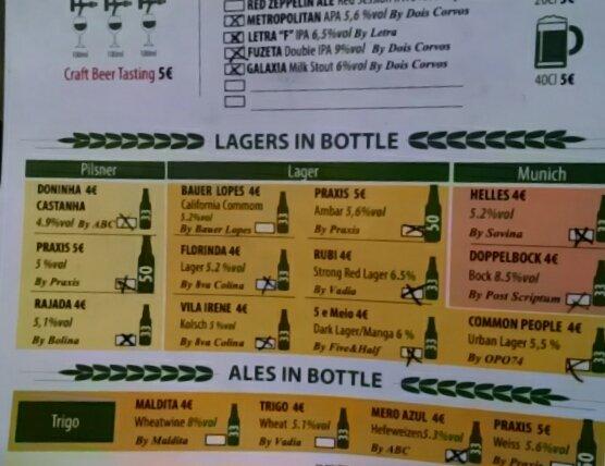 Menu at The Beer Station pub & bar, Lisbon, Largo Duque do Cadaval 17