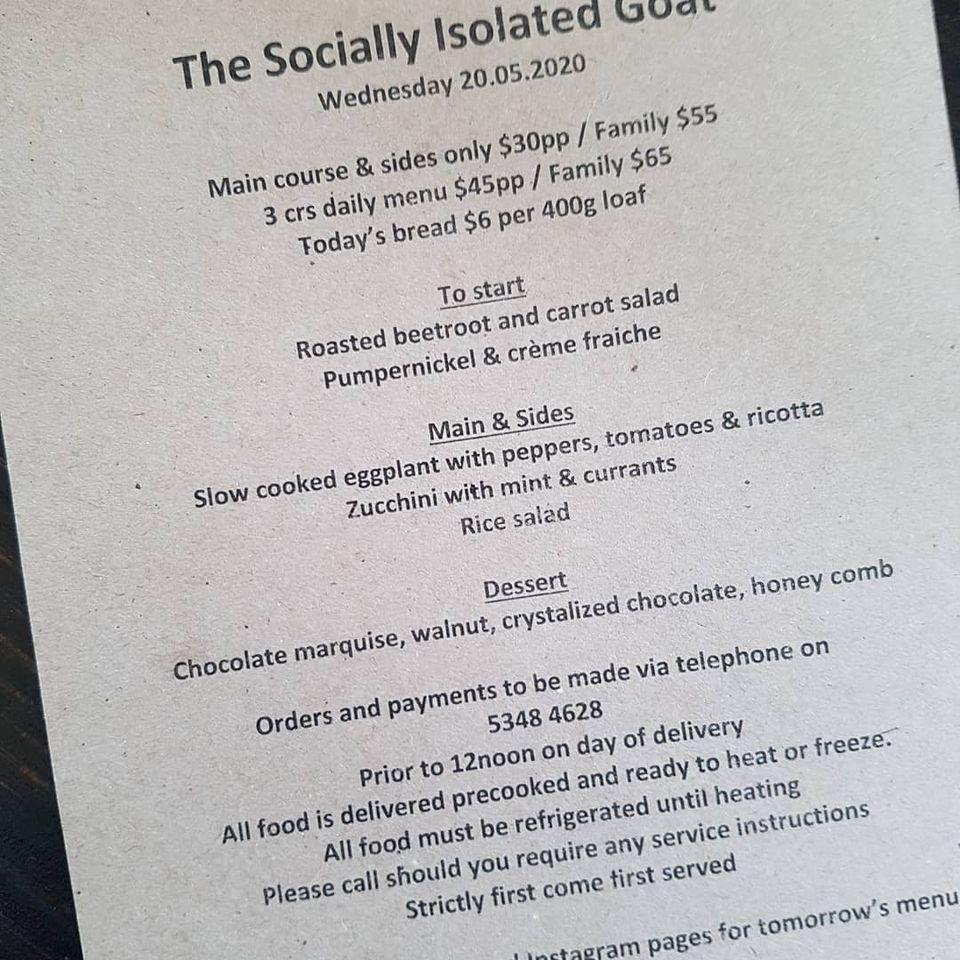 Menu at The Surly Goat restaurant, Hepburn Springs