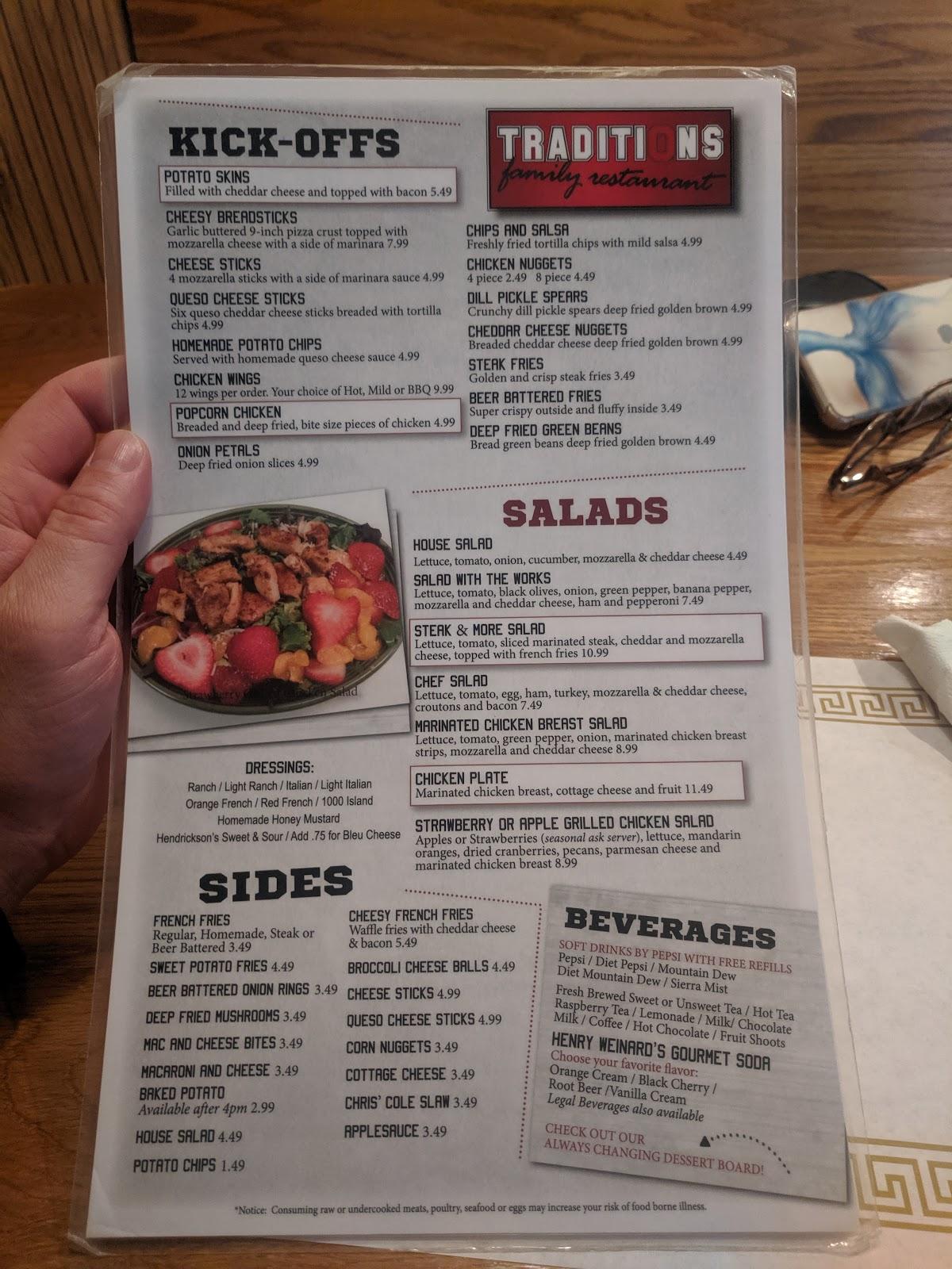 Menu at Traditions restaurant, Woodsfield