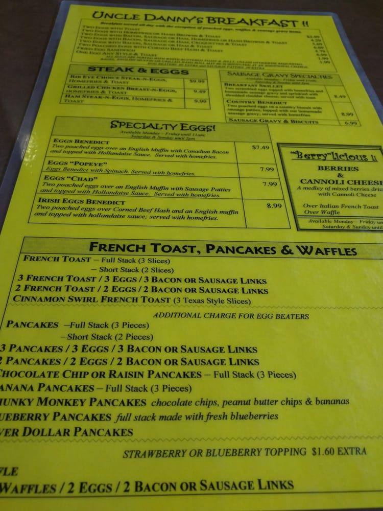 Menu at Uncle Danny's restaurant, Rochester