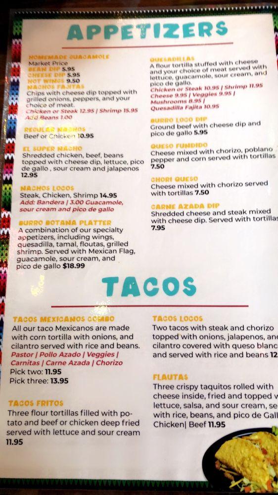 Menu at El Burro Loco Downtown restaurant, St. Louis
