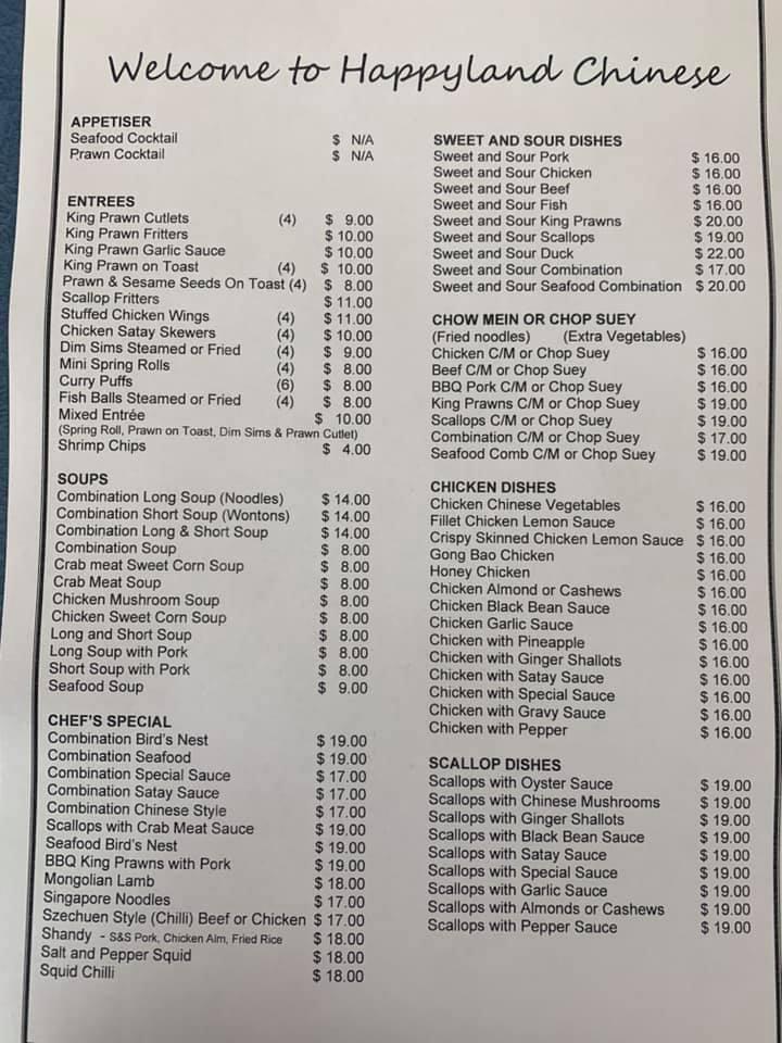 Menu at Happyland restaurant, Moranbah, 61 Mills Ave
