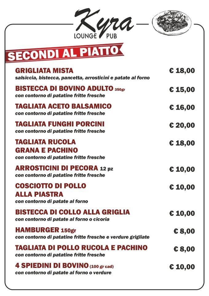 Menu at Kyra lounge pub, Villanova