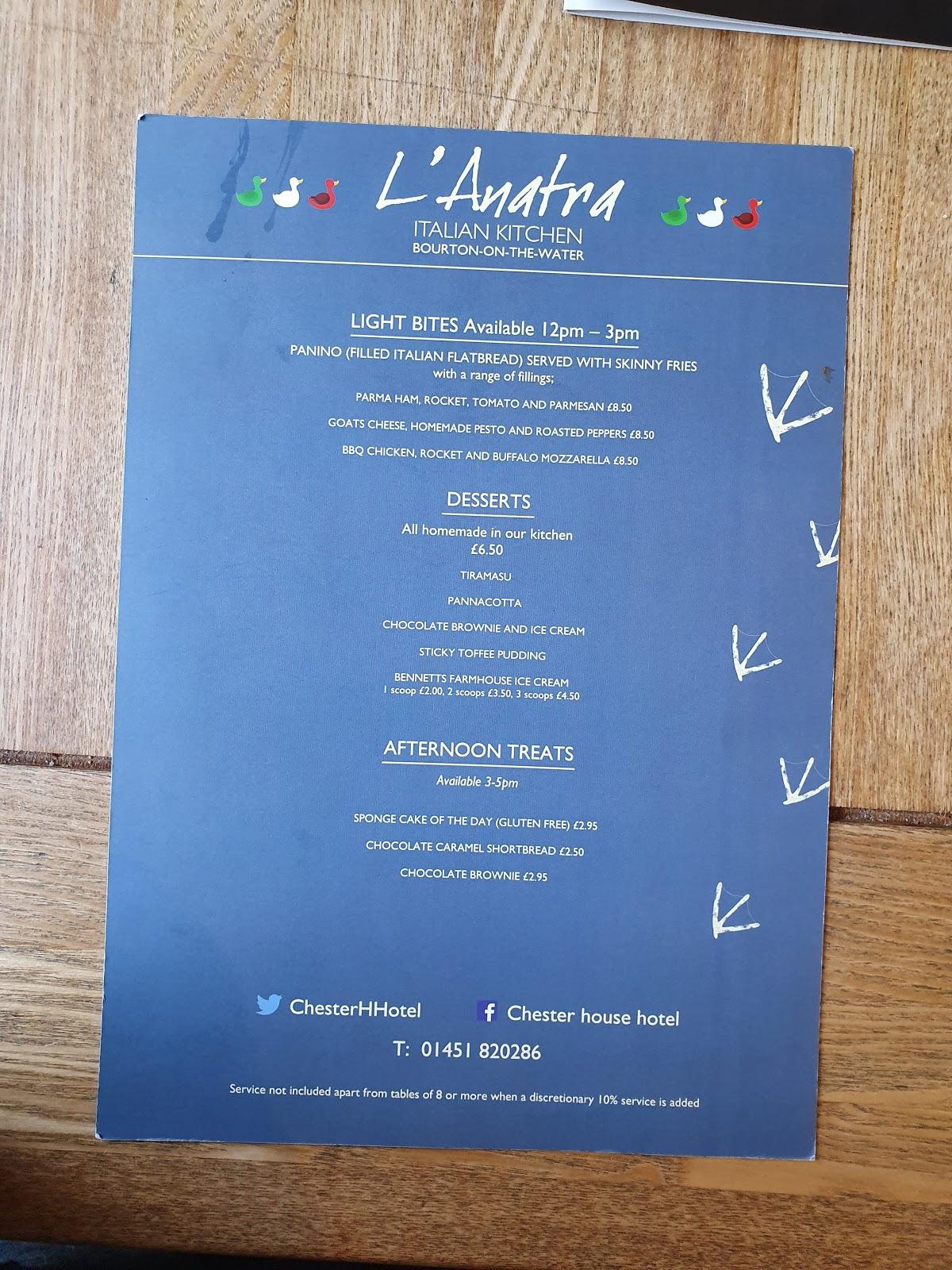 Menu at L'anatra restaurant, Bourton-on-the-Water