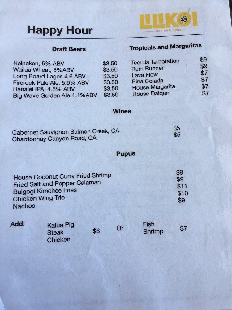 Menu at Lilikoi Bar and Grill, Lihue