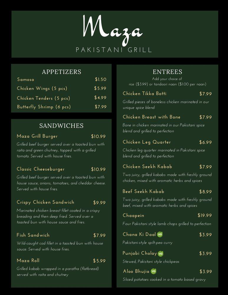 Menu at Maza restaurant, Houston
