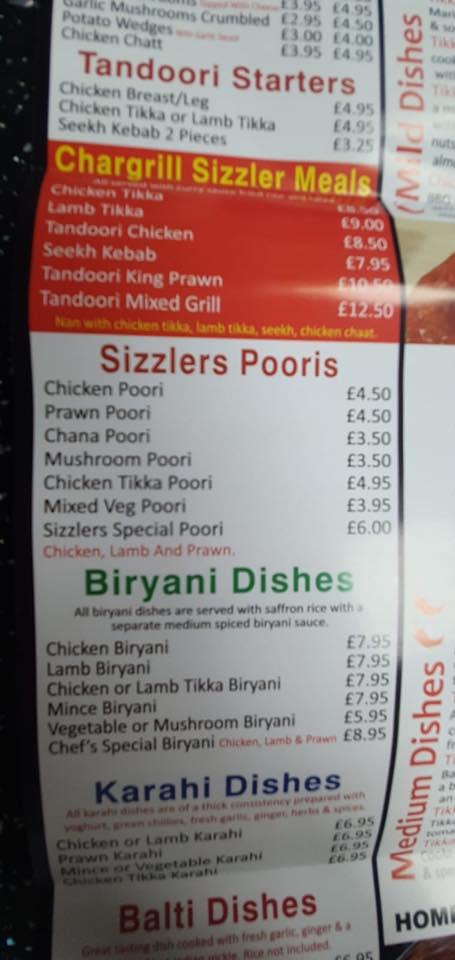 Menu at Sizzlers fast food, Greenock