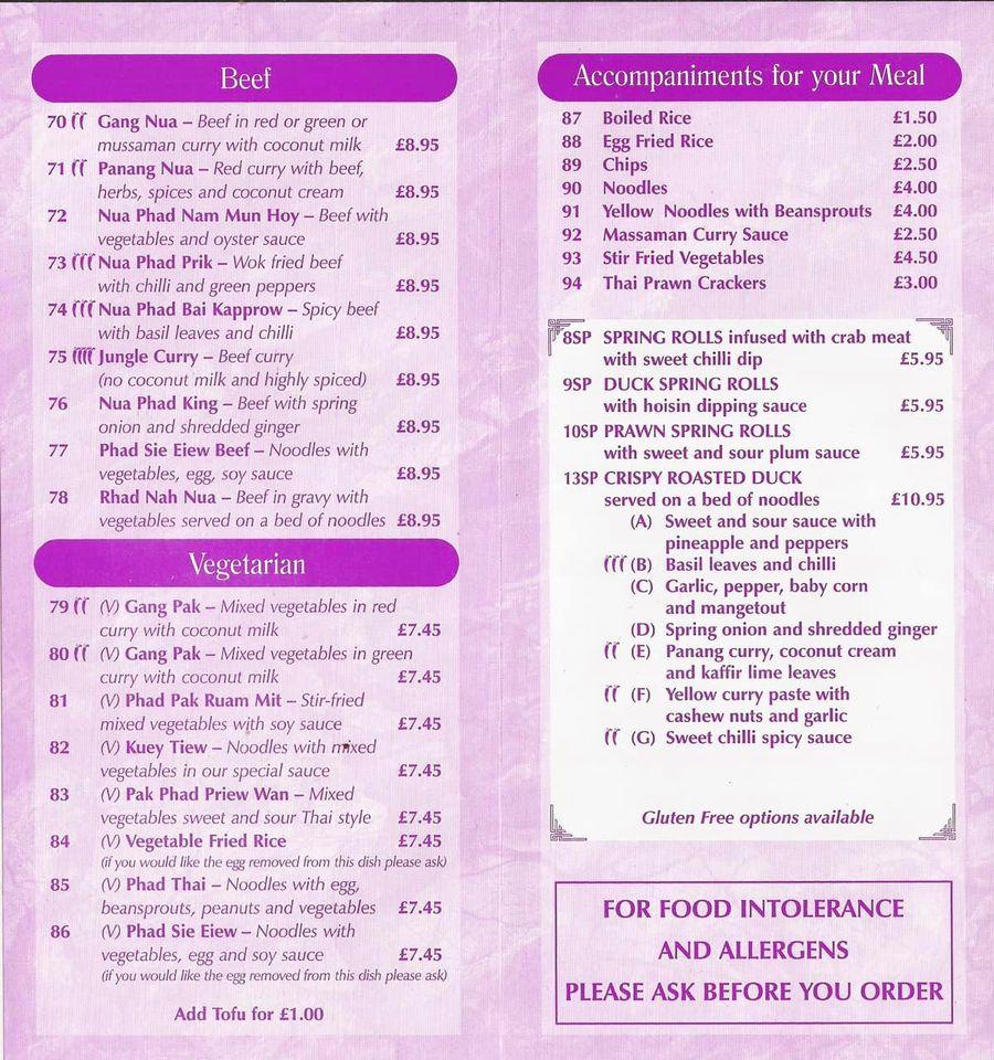 Menu at Y'Thai restaurant, Stokesley
