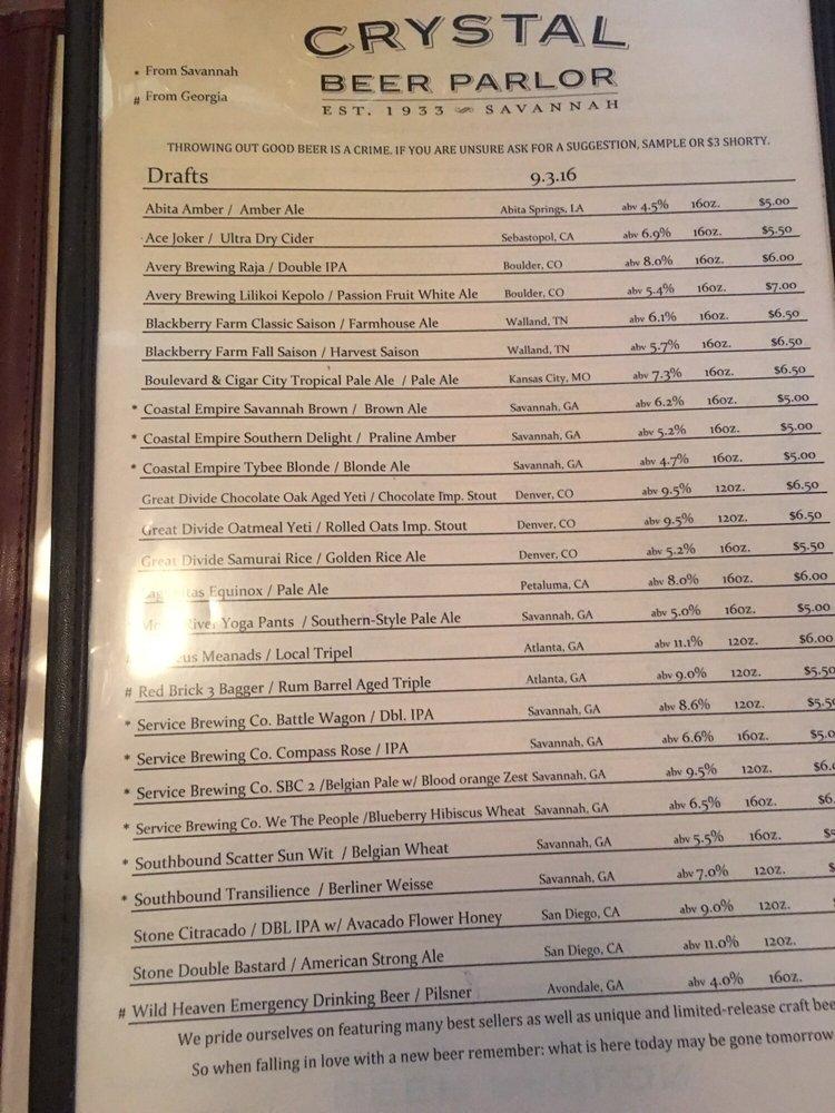 Menu at Crystal Beer Parlor pub & bar, Savannah