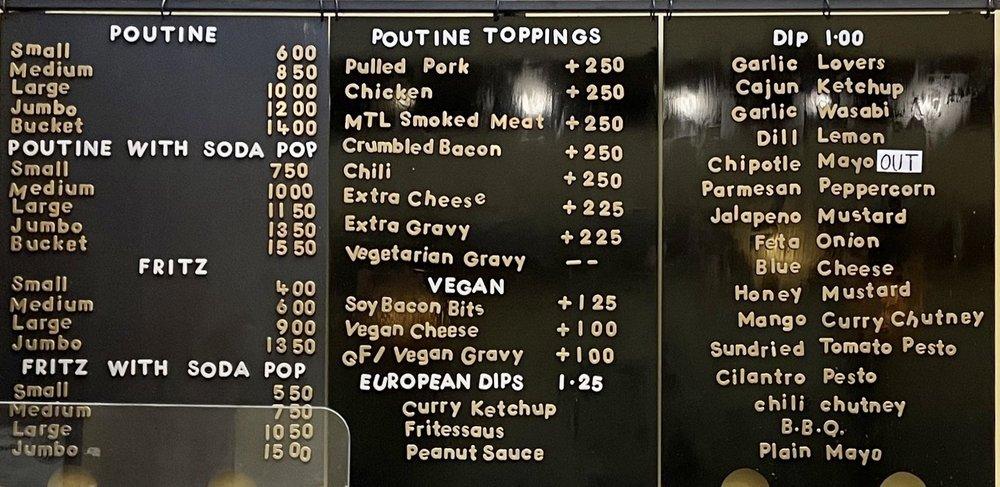 Menu at Fritz European Fry House fast food, Vancouver