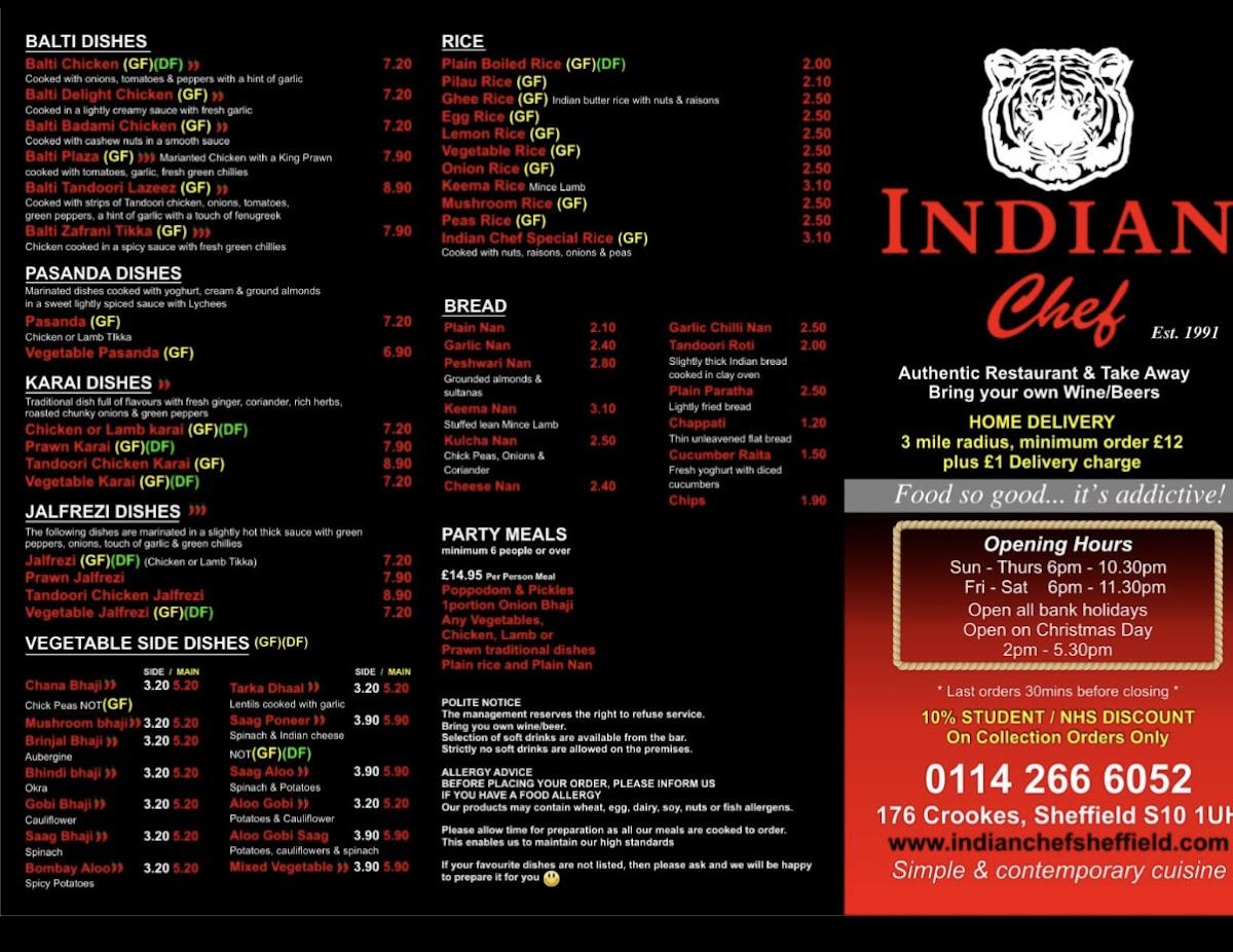 Menu at Indian Chef restaurant, Sheffield, 176 Crookes