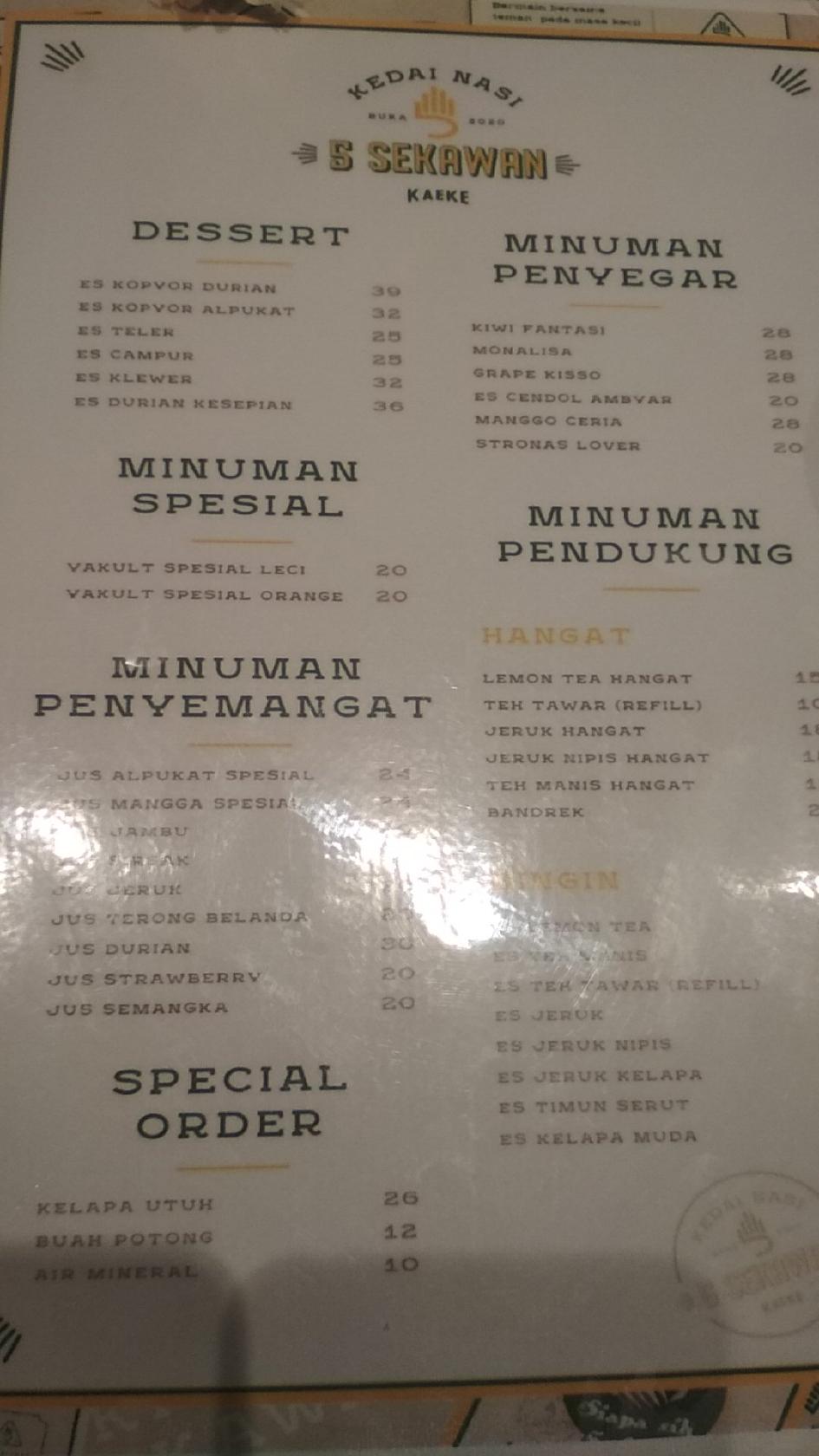 Menu at Kedai Nasi 5 Sekawan restaurant, West Jakarta