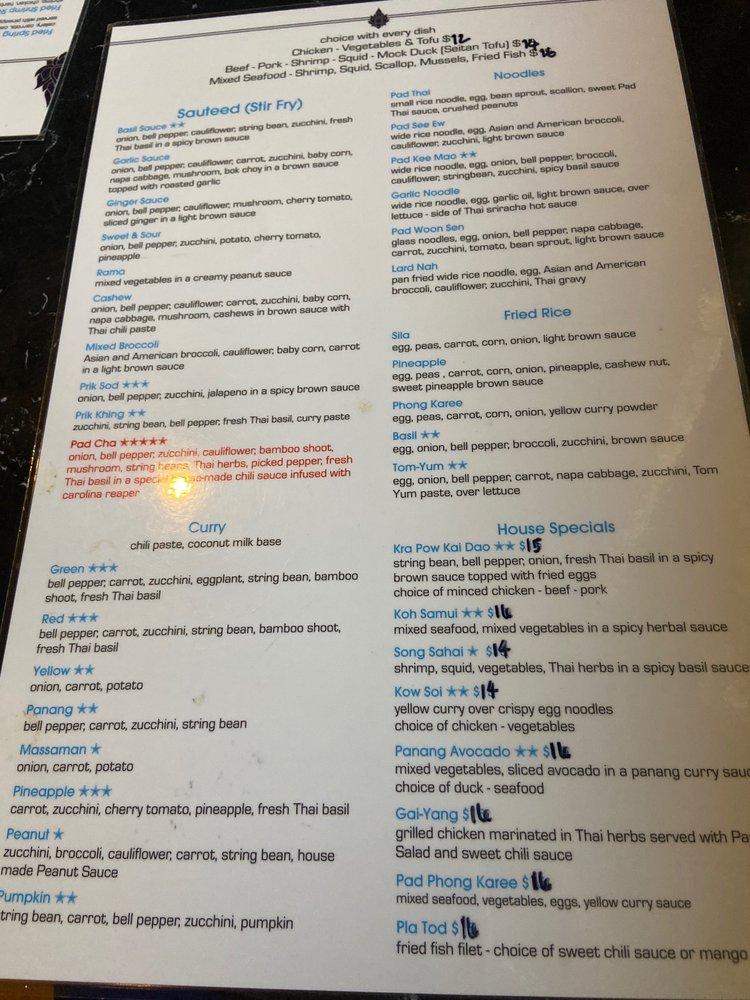 Menu at Sila Thai Restaurant, Rock Hill