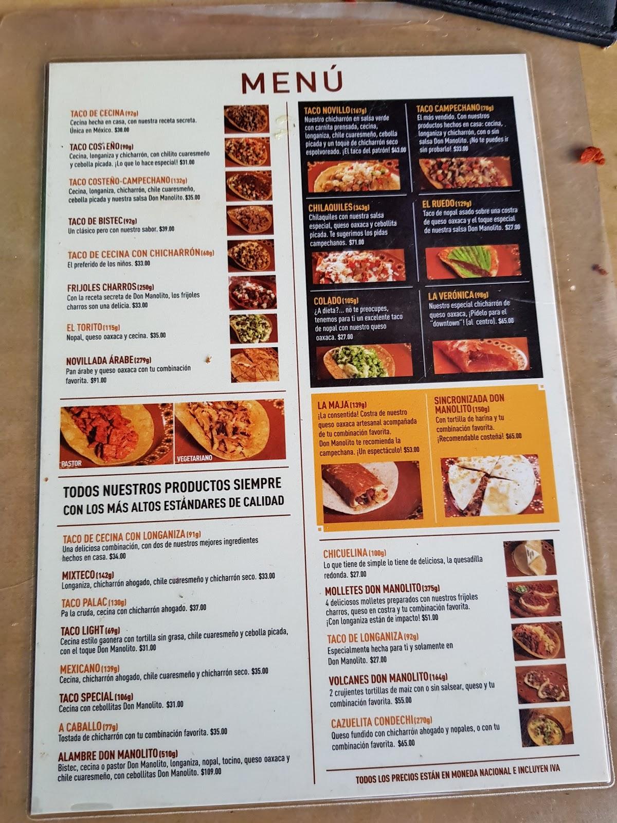 Carta del restaurante Tacos Don Manolito Satélite, Naucalpan del Juárez ...