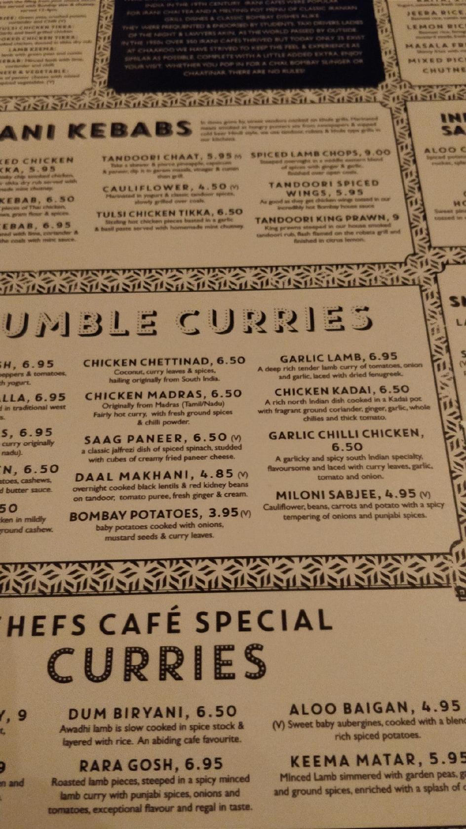 Menu at Chaakoo Bombay Cafe, Glasgow