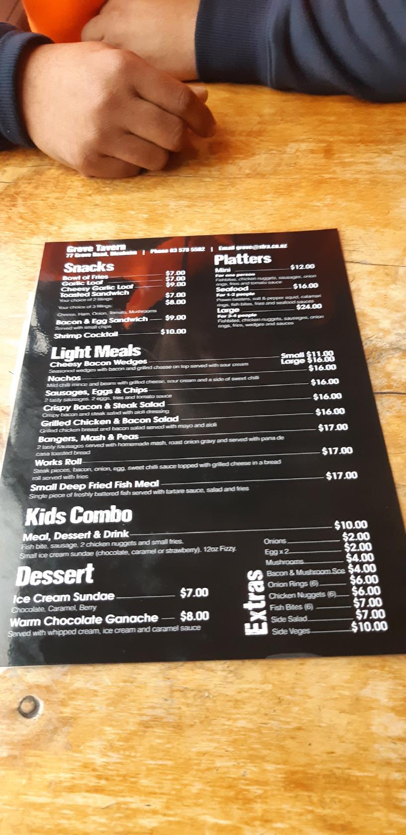 Menu at Grove Tavern pub & bar, Blenheim