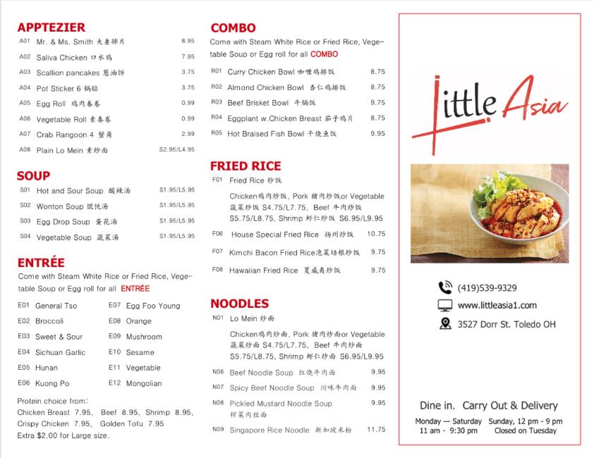 Menu at Little Asia restaurant, Toledo