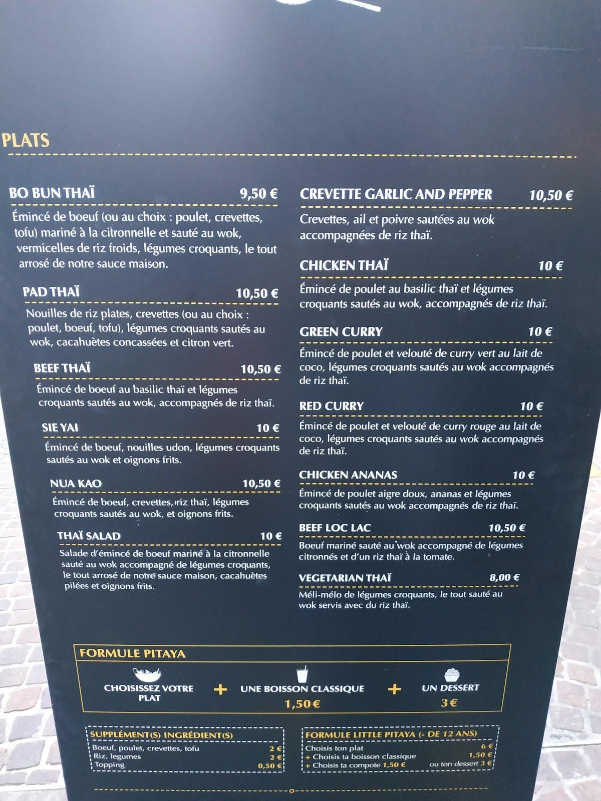 Menu at Pitaya Thaï Street Food restaurant, Lille, 66 Rue de Béthune
