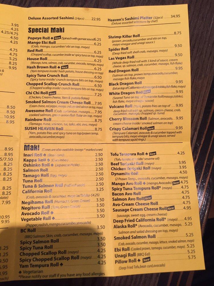 Menu at Sushi Heaven in New Westminster restaurant, New Westminster ...