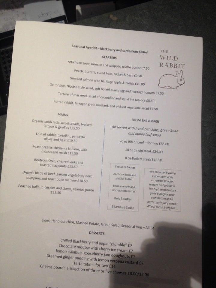 Menu at The Wild Rabbit restaurant, Kingham