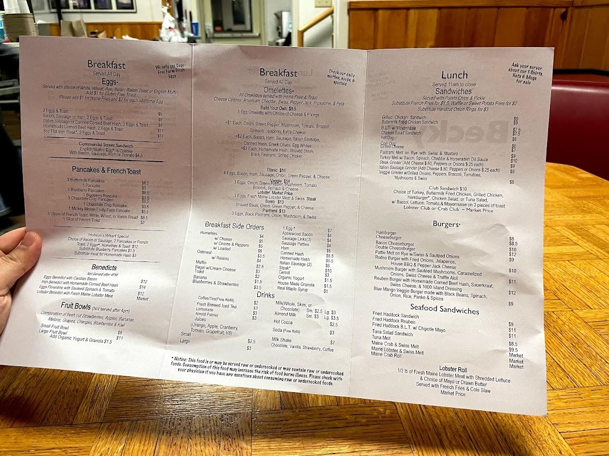 Menu at Becky's Diner restaurant, Portland